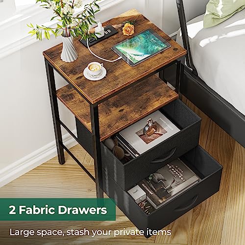 Huuger Nightstand with Charging Station, Side Table with Fabric Drawers, End Table with Open Shelf, Bedside Table with USB Ports and Outlets, Night Stand for Bedroom, Rustic Brown