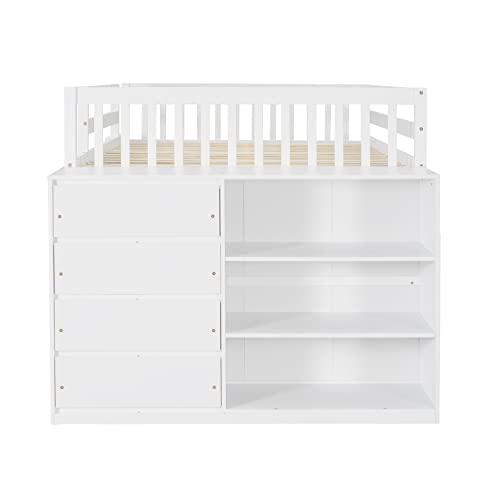 Full Over Full Bunk Bed with Storage Drawers and Shelves Wood Floor Bunk Beds with Cabinet for Kids Girls Boys, Teens, Adults, White