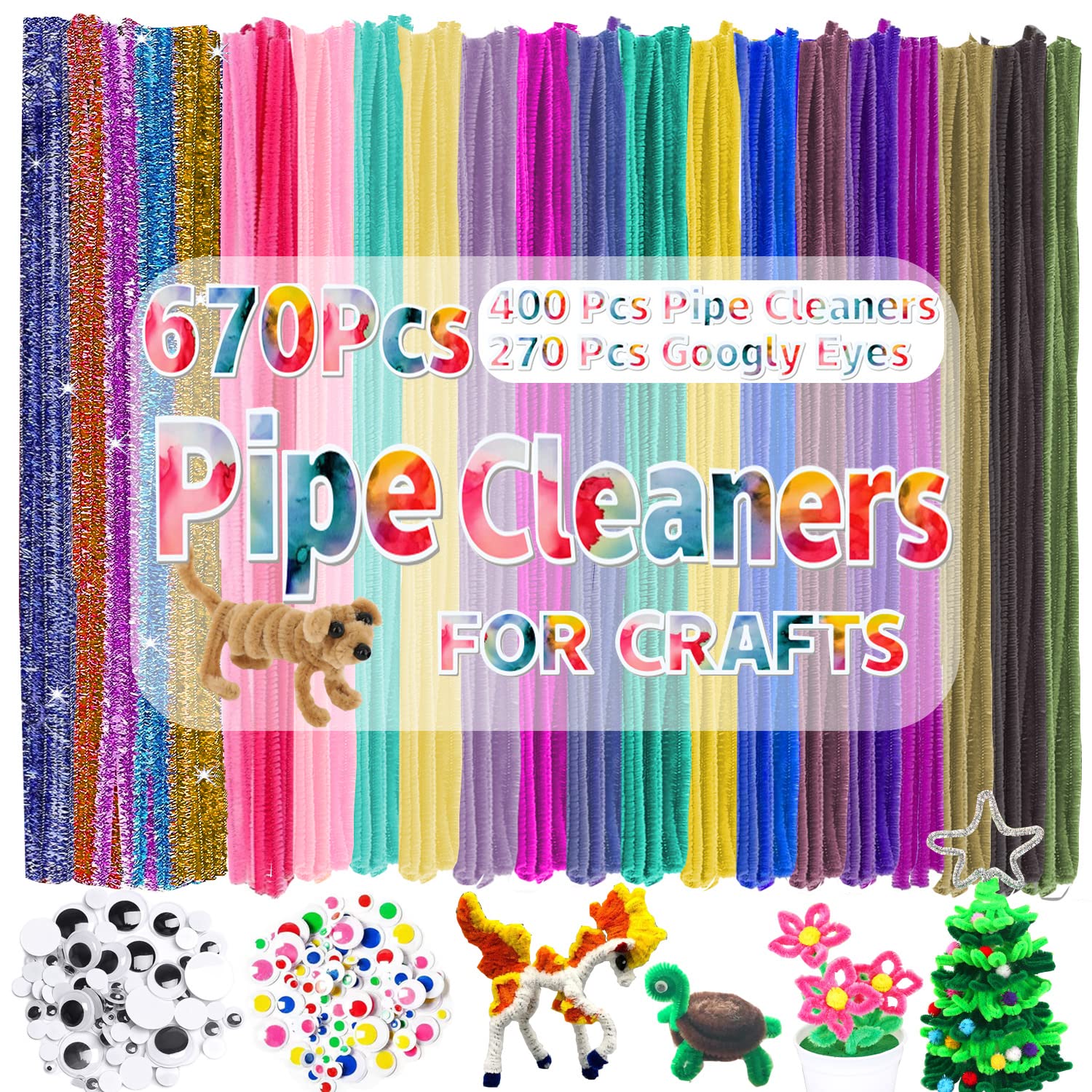 BLEDS 670 Pcs Craft Pipe Cleaners, 400 Pipe Cleaners + 270 Black & Colorful Googly Eyes, Soft Chenille Stems Pipe Cleaners Supplies for Crafts DIY Decoration Creative Motor Skills