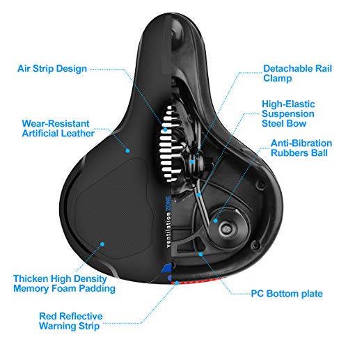 Bike Seat for Men and Women, Comfortable Bicycle Seat Replacement Soft Memory Foam with Dual Shock Absorbing Rubber Ball Universal Wide Bicycle Saddle, with Mounting Tools,Reflective Strap,Storage Bag