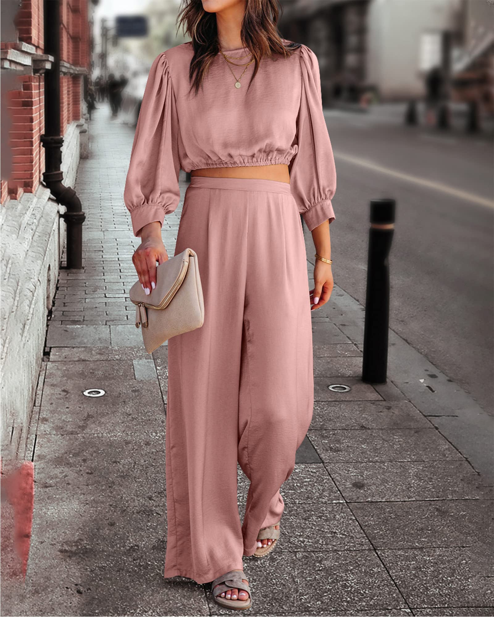 BTFBM Women 2 Piece Outfits Sweatsuit Oversized Satin Set & Wide Leg Pants Fall Lounge Set Wedding Guest(Solid Pink,X-Large)
