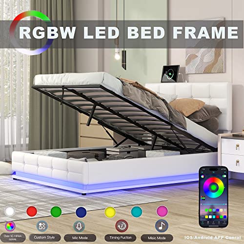 Full Size Lift Up Storage Bed/with Storage and LED Light Button Tufted Wingback adjustable headboard and USB Charger, Hydraulic Storage System for Kids Teens and Adults, No Box Spring Needed (White)