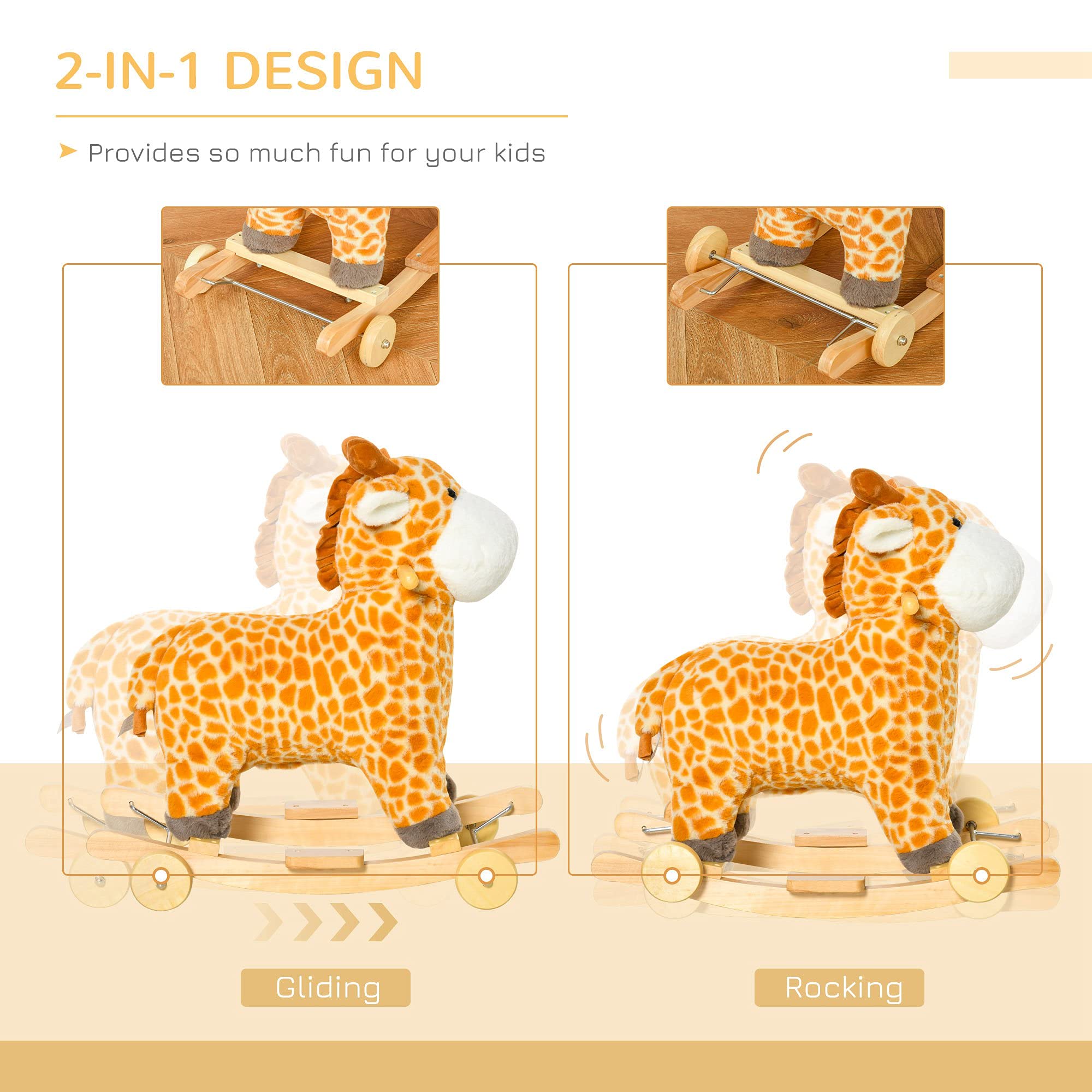 Qaba 2-in-1 Kids Plush Ride-On Rocking Horse Toy, Giraffe-Shaped Plush Rocker with Realistic Sounds for Children 3 to 6 Years, Yellow