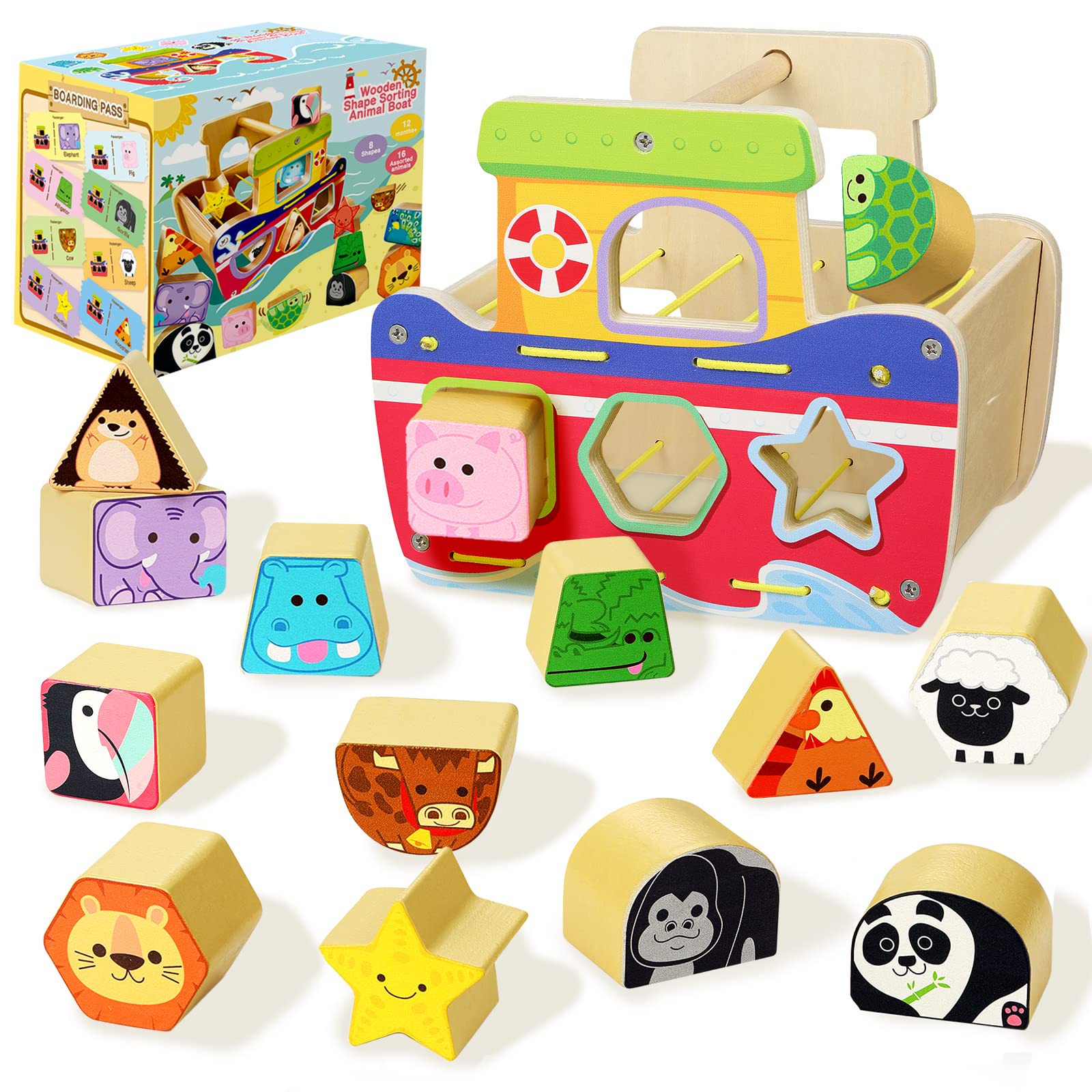 Cheffun Wooden Shape Sorting Cube - Special Edition of Shape Sorting Toys with 16 Colorful Animals Blocks in 8 Shape, Excellent Preschool Learning Activities, Shape Sorter Toys for Toddlers Ages 3+