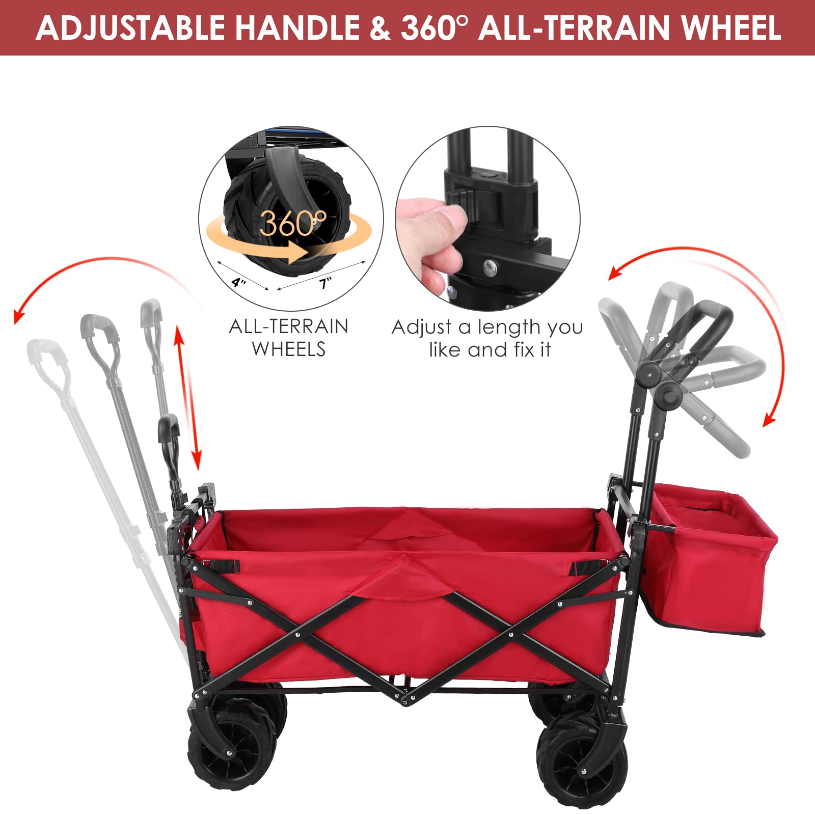 AthLike 250Lbs Capacity Foldable Utility Cart with Removable Canopy and Pockets, Red, Portable, Adjustable