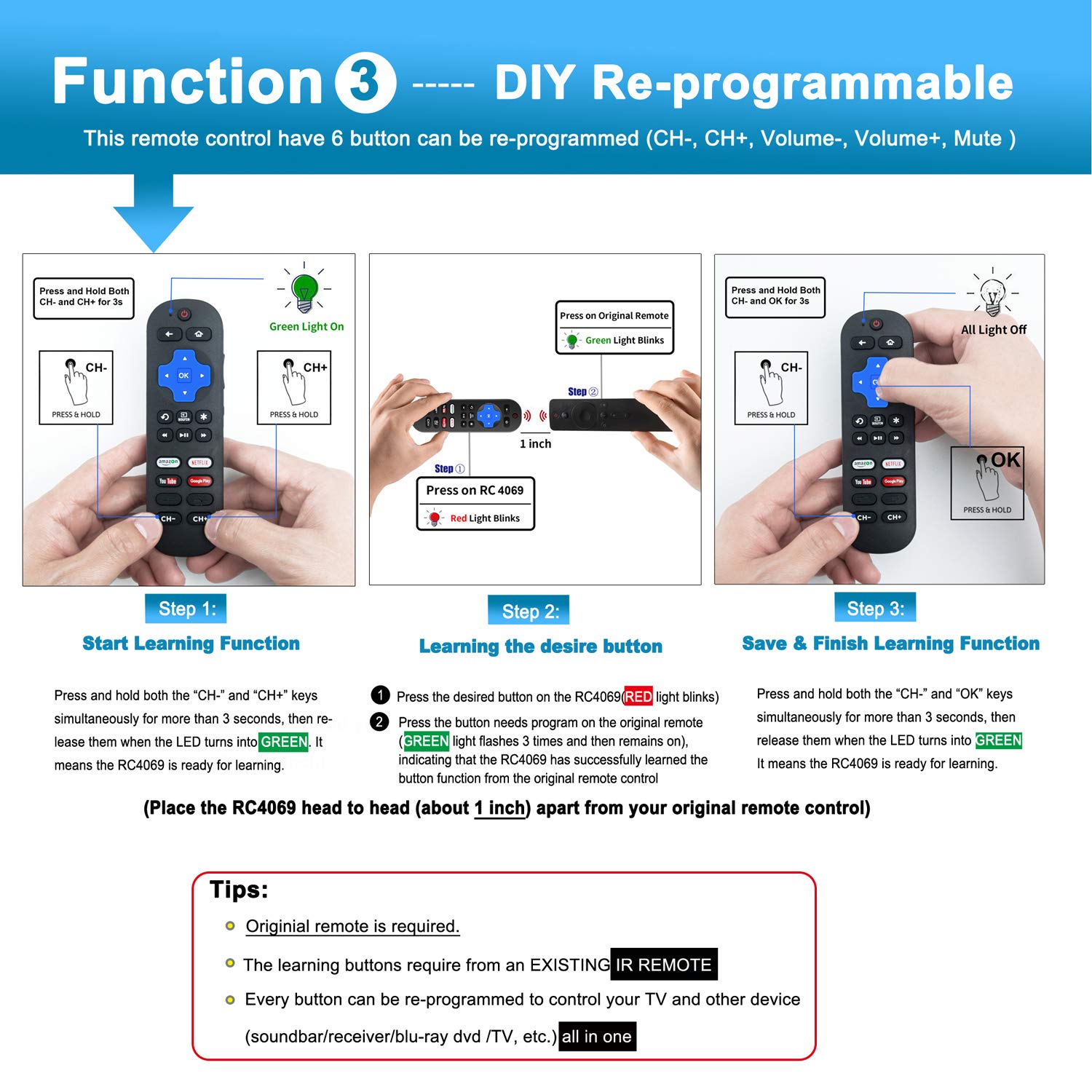 NSFKCED Remote Control Compatible with Roku Box Player 1 2 3 4 Express + Premiere +,Feature with 6 Buttons to Control for Samsung/LG Smart TV All in One (Programmable Remote with IR Learning Feature)