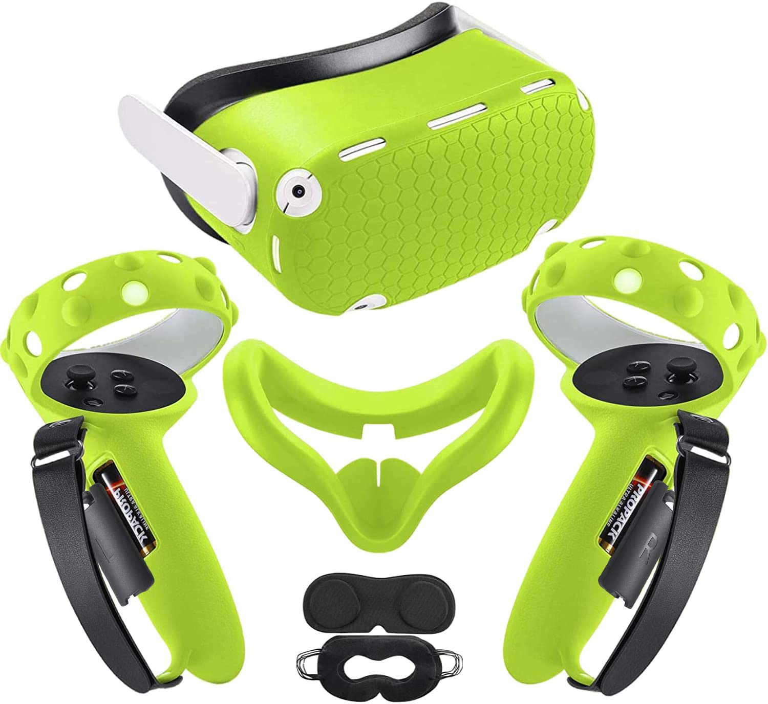 Compatible with Oculus Quest 2 Accessories | Lengthening Controller Grip Cover with Battery Opening | VR Shell Cover | Silicone face Cover | Protective Lens Cover (Green)
