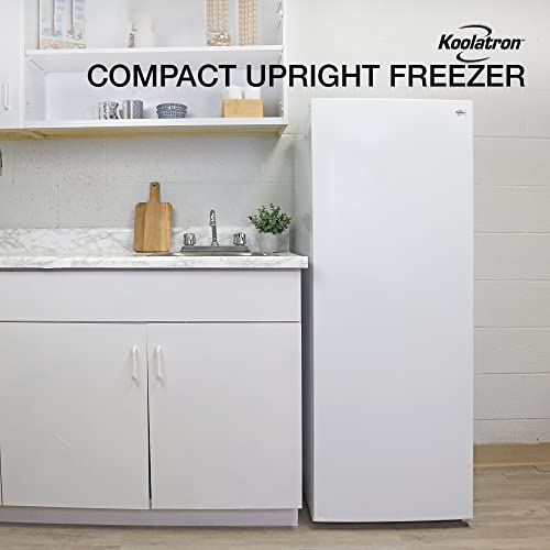 Koolatron Garage-Ready 7.0 Cu Ft Upright Freezer Low-Frost Technology Premium Insulation Repositionable Shelves Pizza Compartment Reliable Compressor Cooling Ideal Basements Outbuildings