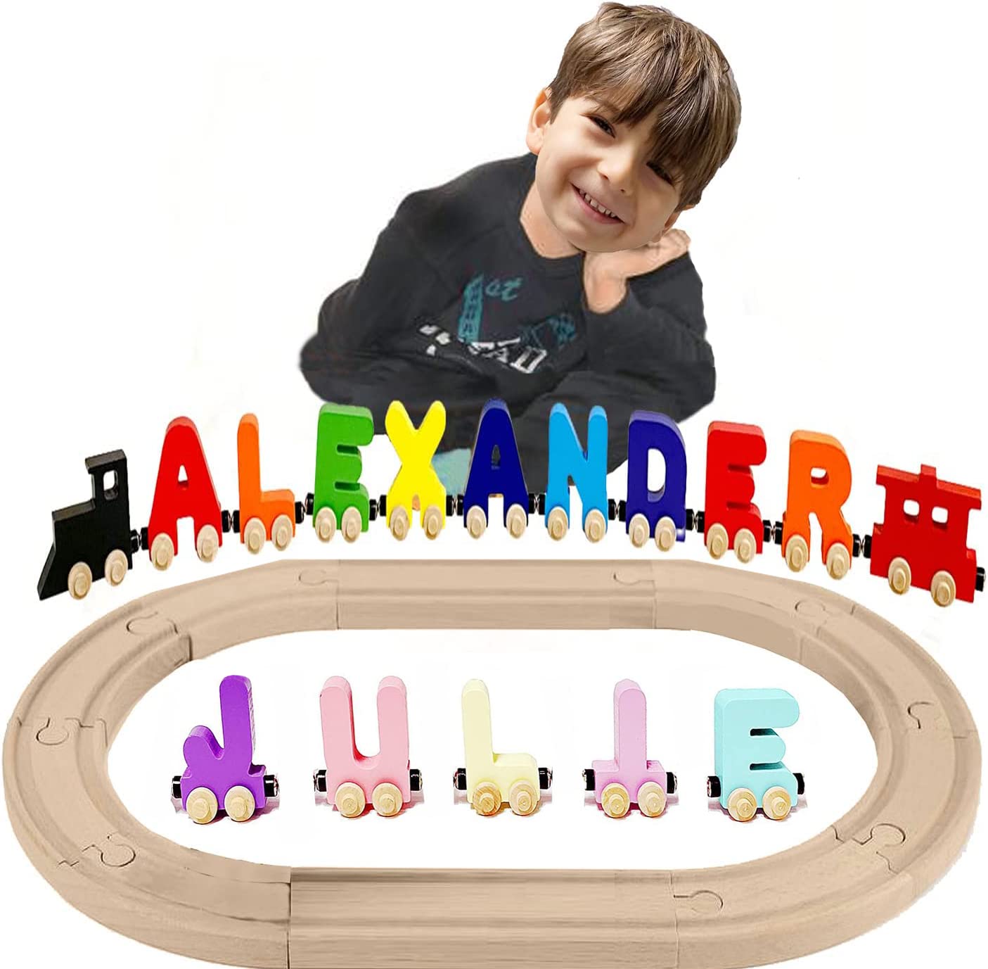 Large Handmade Name Wooden Trains Alphabet Puzzle Name Letters Educational Toys for Kids