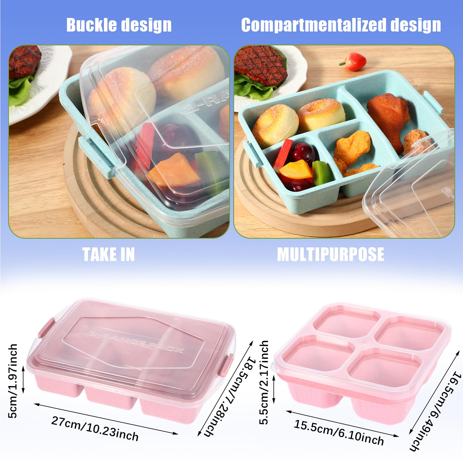 Bokon 8 Pcs Bento Lunch Box for Kids Snack Containers with 4 Compartments Bento Box Adult Lunch Box Microwave & Dishwasher Safe with Transparent Lids for School, Dining Out, Work, Picnic, 4 Colors