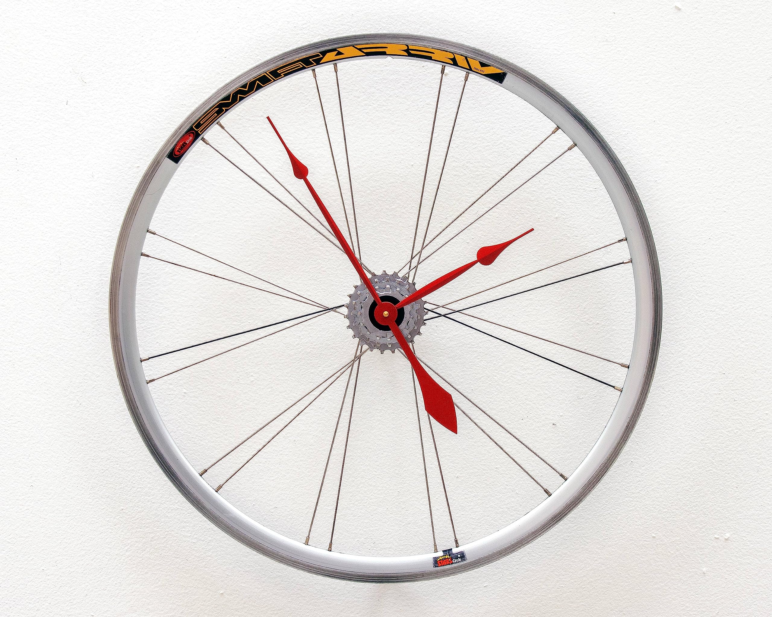 Bike Wheel Clock, Large, Wall, gear, Cycle, Gift, Unique, Steampunk, Decor, Bicycle, Modern, road, repurpose, reuse, upcycle, recycle, red