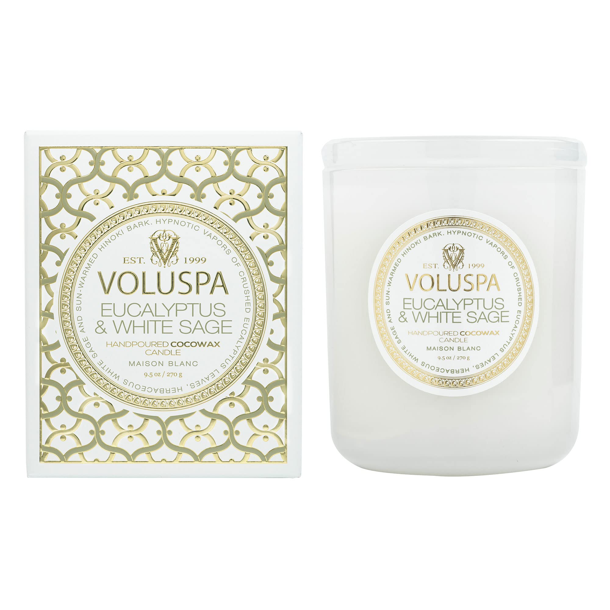 Voluspa Eucalyptus & White Sage, Classic Boxed Candle, 9.5 oz, 60 Hour Burn Time, All Natural Wicks and Coconut Wax for Clean Burning, Vegan, Poured in the USA