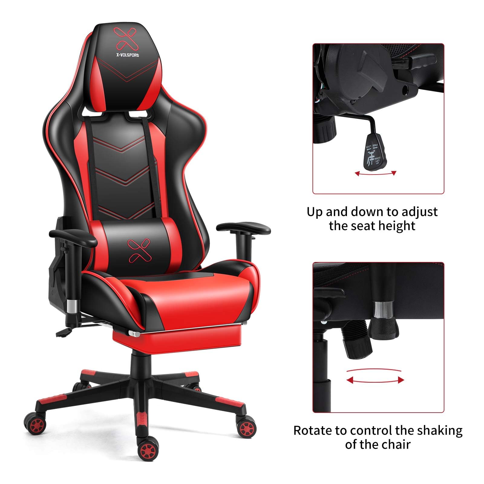 X-VOLSPORT Massage Gaming Chair with Footrest Reclining High Back Ergonomic Office Chair with Lumbar Support and Headrest Computer Chair Red Desk Chair