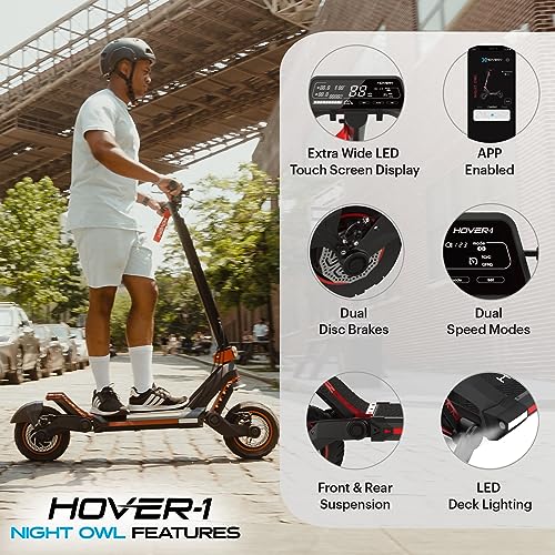 Hover-1 Night Owl Electric Folding Scooter, 31 MPH Top Speed, 37 Mile Range, 1400 Watts Max Power, 10.5” Offroad Tires, Dual Disc Brakes, and Front and Rear Suspension