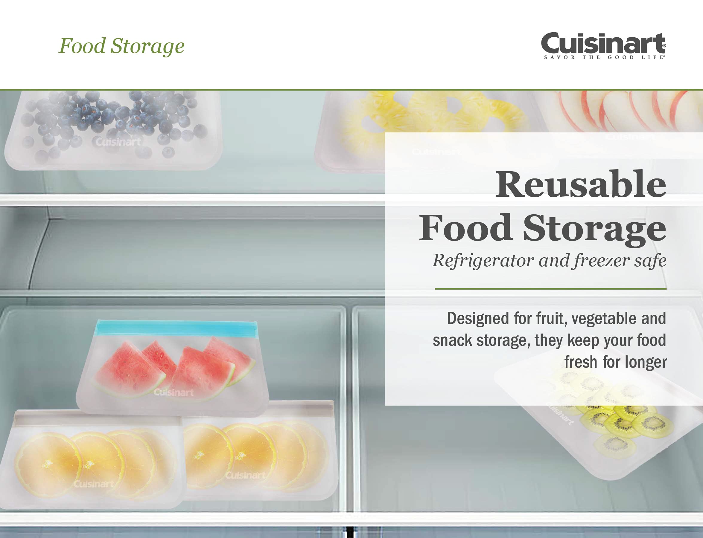 Cuisinart Reusable Food Storage Bags, 12 Pack Gray - Resealable Bags for Food, Leftovers, & Snacks to Store, Freeze or Refrigerate - BPA Free Flat Freezer Bags - Includes Small, Medium & Large