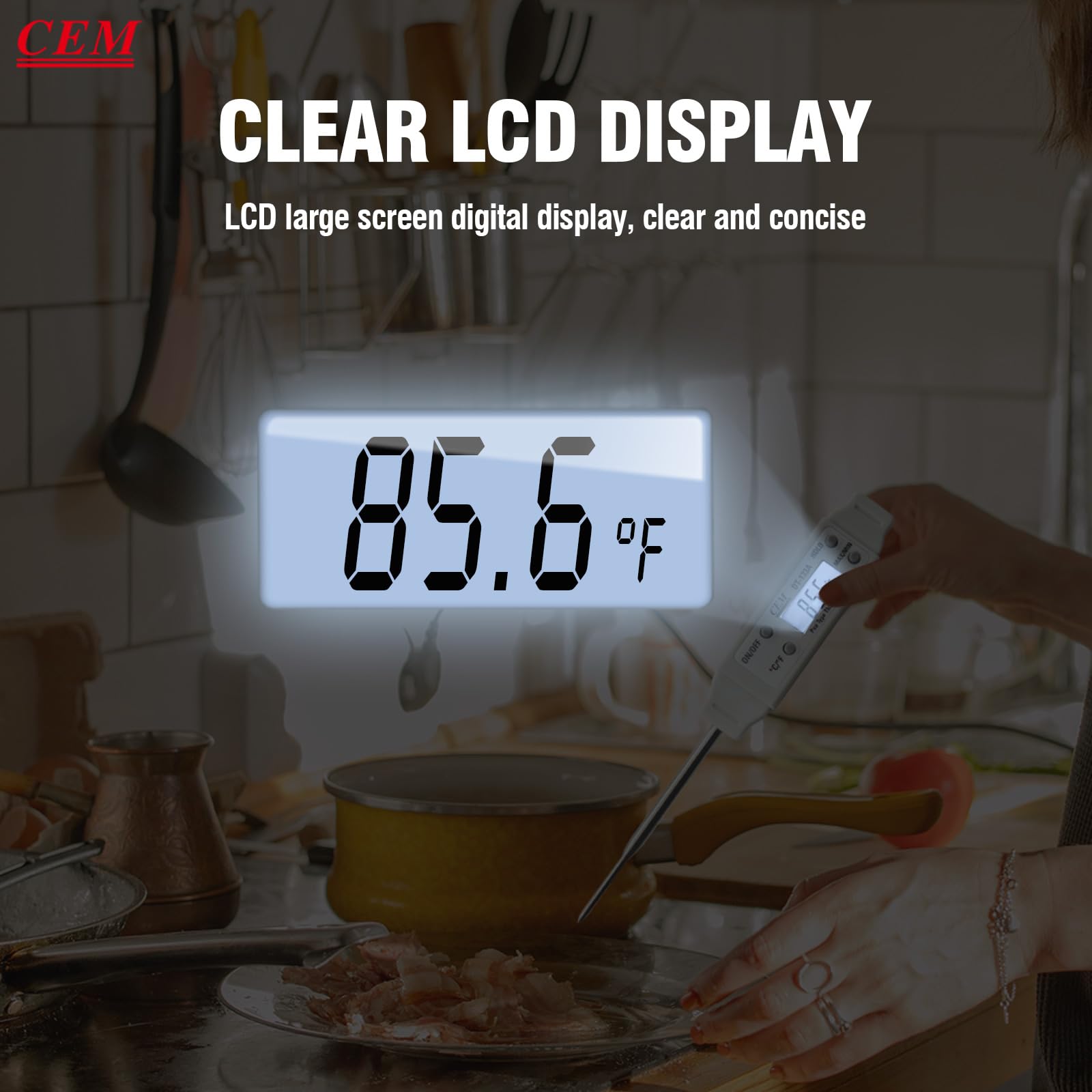 CEM Instant Read Digital Meat Thermometer for Food, Bread Baking, Water and Liquid. Waterproof and Long Probe with Meat Temp Guide for Cooking, Display with Backlit (White), DT-133A