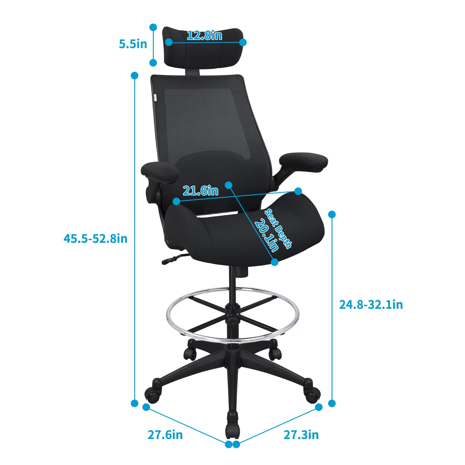BOLISS 400lbs High-Back Mesh Ergonomic Drafting Chair,Tall Office Chair, Standing Desk Chair,Adjustable Headrest,with Flip-Up Arms,Lumbar Support Swivel Computer Task Chair-Black