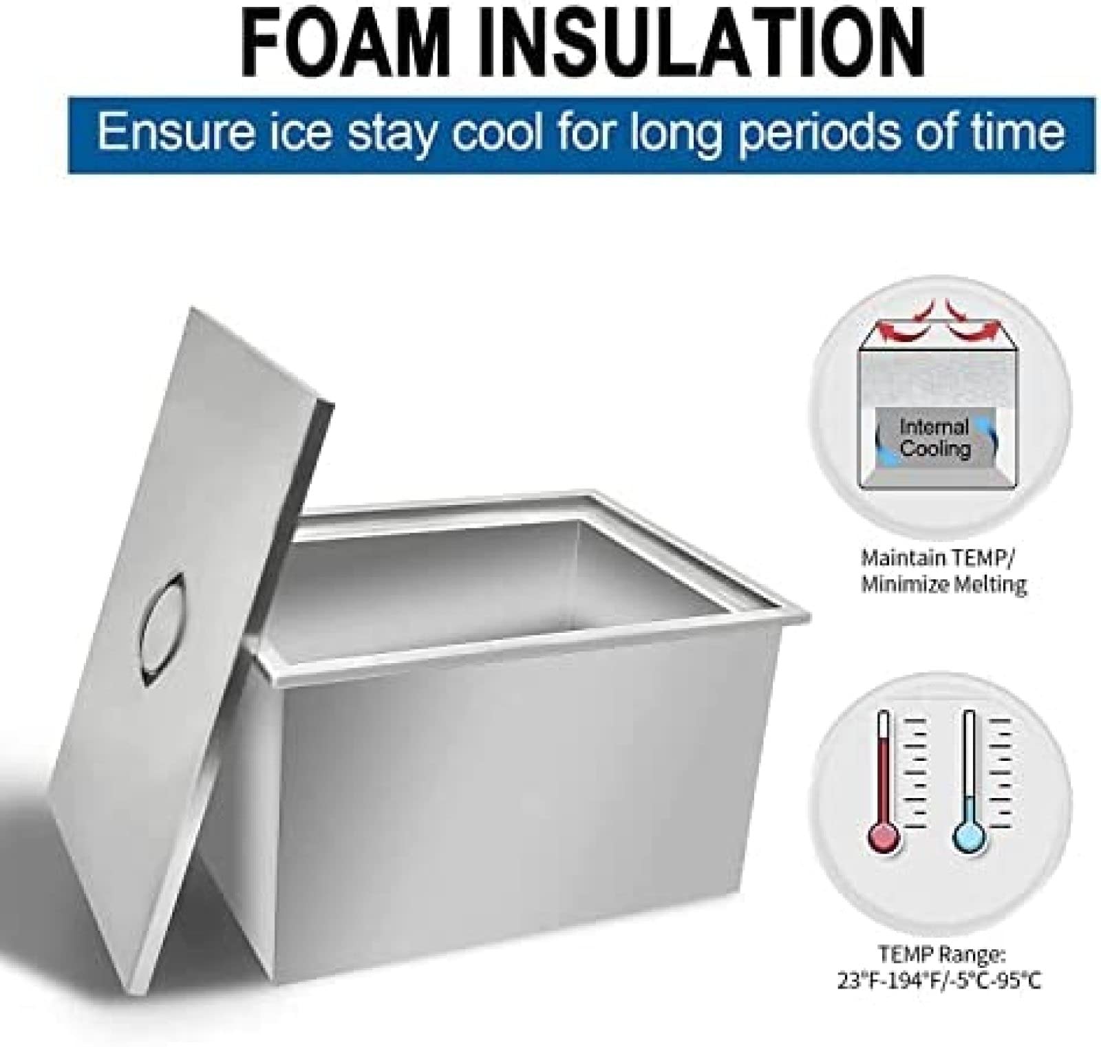 Drop-in Ice Chest Built in Ice Bin with Removable Cover SUS 304 Stainless Steel Ice Cooler Including Drain-Pipe & Drain Plug for Cold Wine Beer Beverage (23''L x 17''W x 13''H)