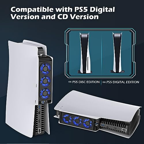 for PS5 Cooling Fan with Led Light, Quiet for PS5 Fan Cooling Fan HUIJUTCHEN for PS5 Cooler Cooling Fan for Playstation 5 fan with 3 Small Fans 3.0 USB Port 2 Fan Speed Setting fan (White)
