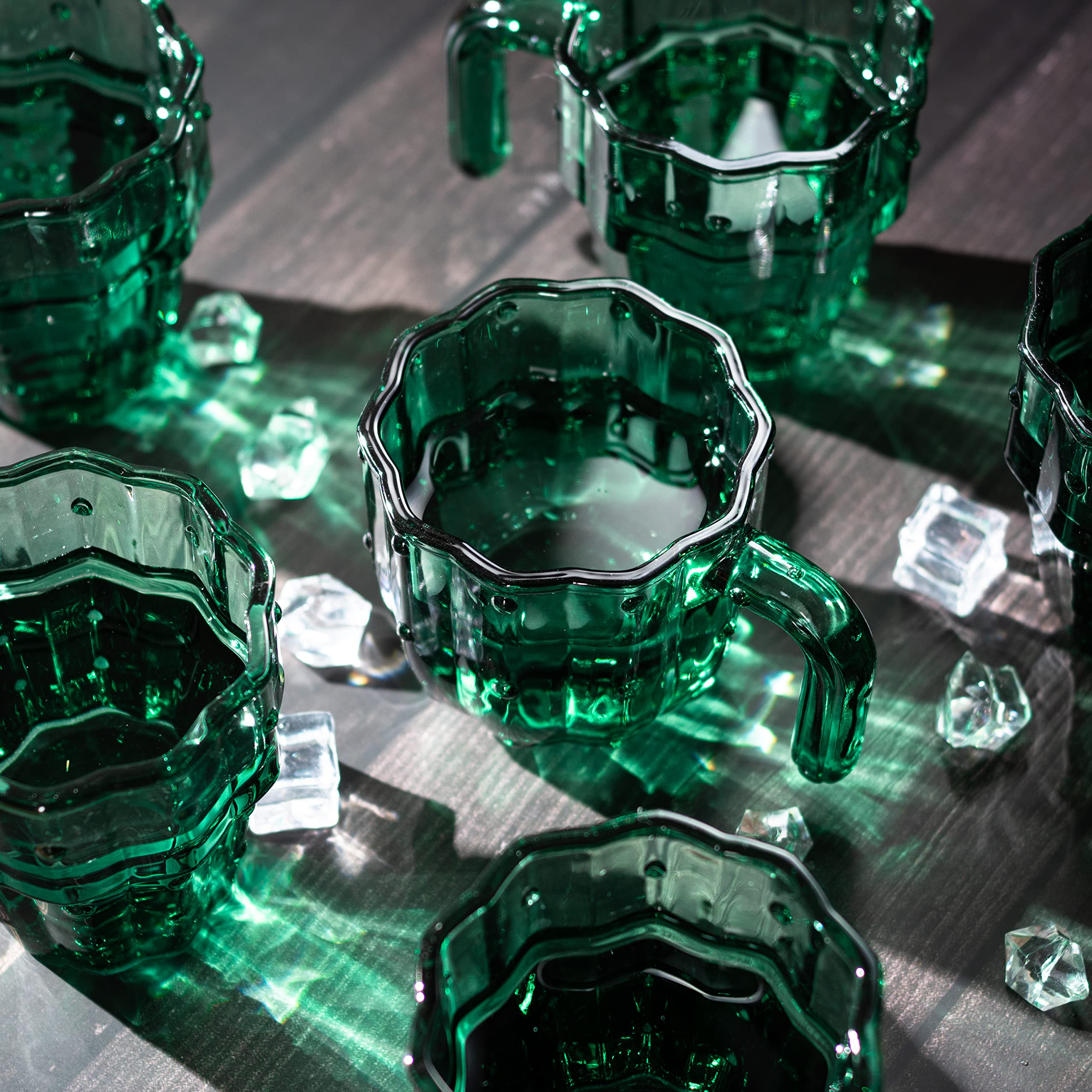 Cactus Stackable Glasses, Stacktus Gifts, Set of 6-10 oz Cactus Shape Glasses With Handles Green Glass Blown Figurines Plant Decorations for Parties 5" H 5" W - Copyright Design, Patent Pending