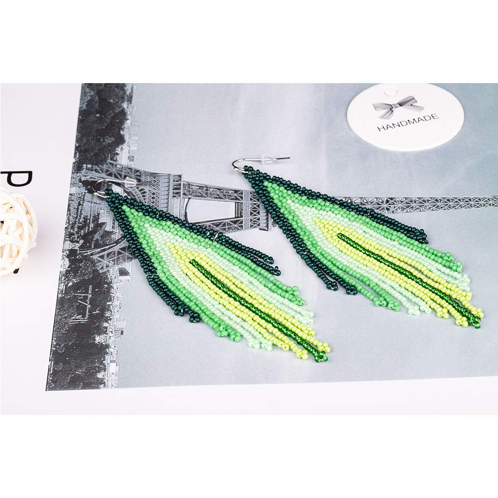 Luluping Long Beaded Dangle Earrings – Boho Native Handmade Seed Bead Tassel Earrings for Women, Bohemian Large Statement Beaded Drop Fringe Earrings (Green Beaded Earrings B)