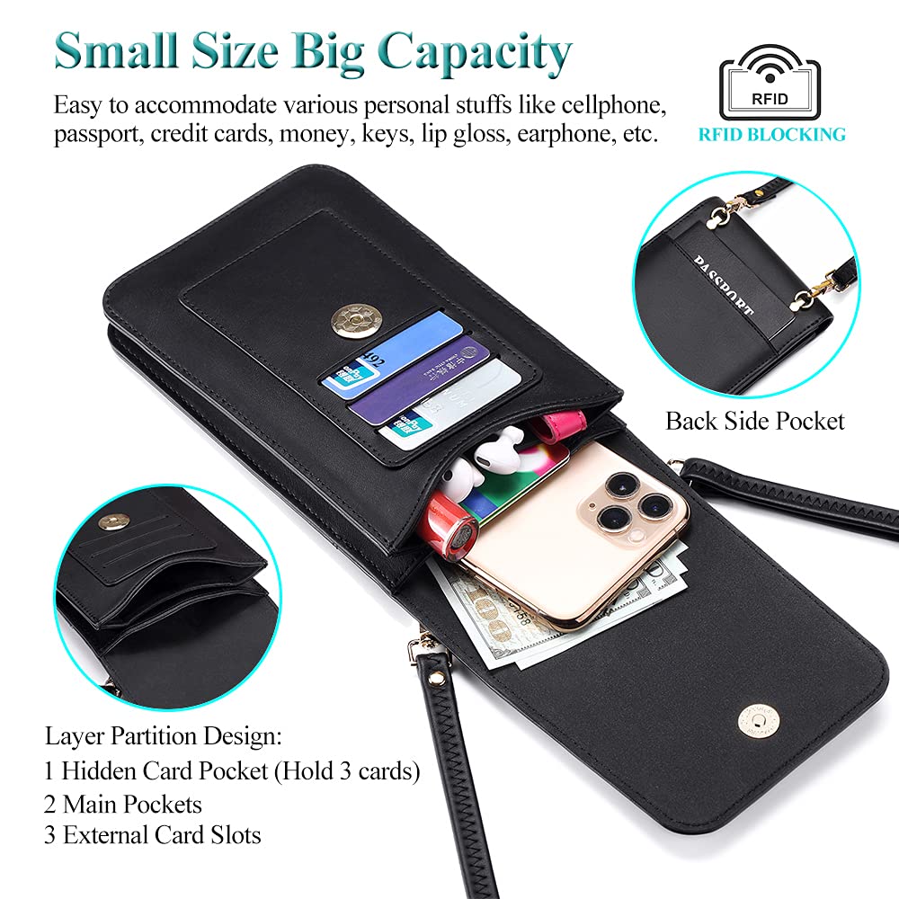 Peacocktion Small Crossbody Cell Phone Bag for Women, Leather Shoulder Bag Card Holder Phone Wallet Purse (Black)
