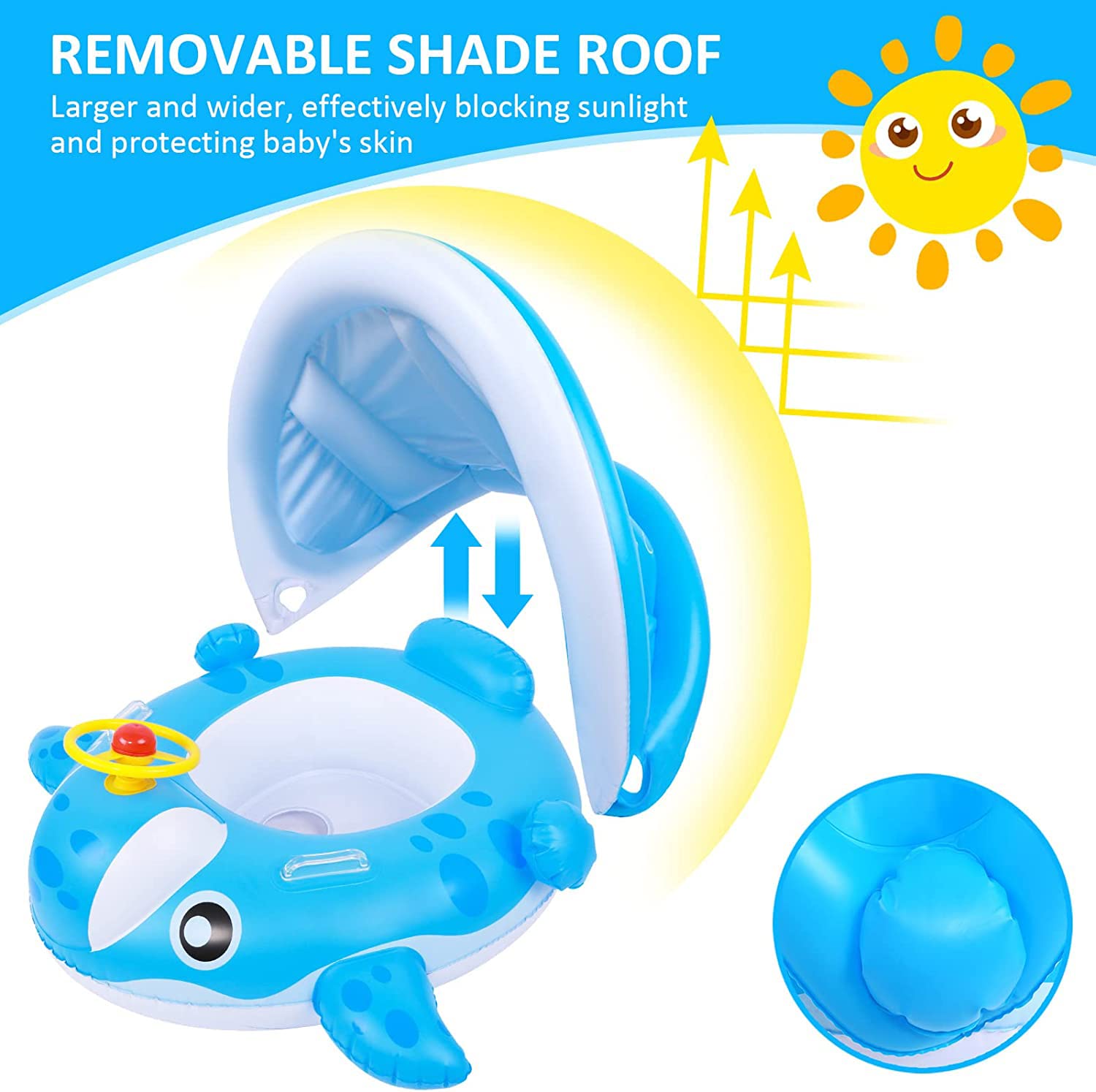 Peradix Baby Swimming Pool Float Boat, Inflatable Baby Swimming Ring with Removable Sun Protection Canopy, Whale Toddler Floaties Water Toys for Infant