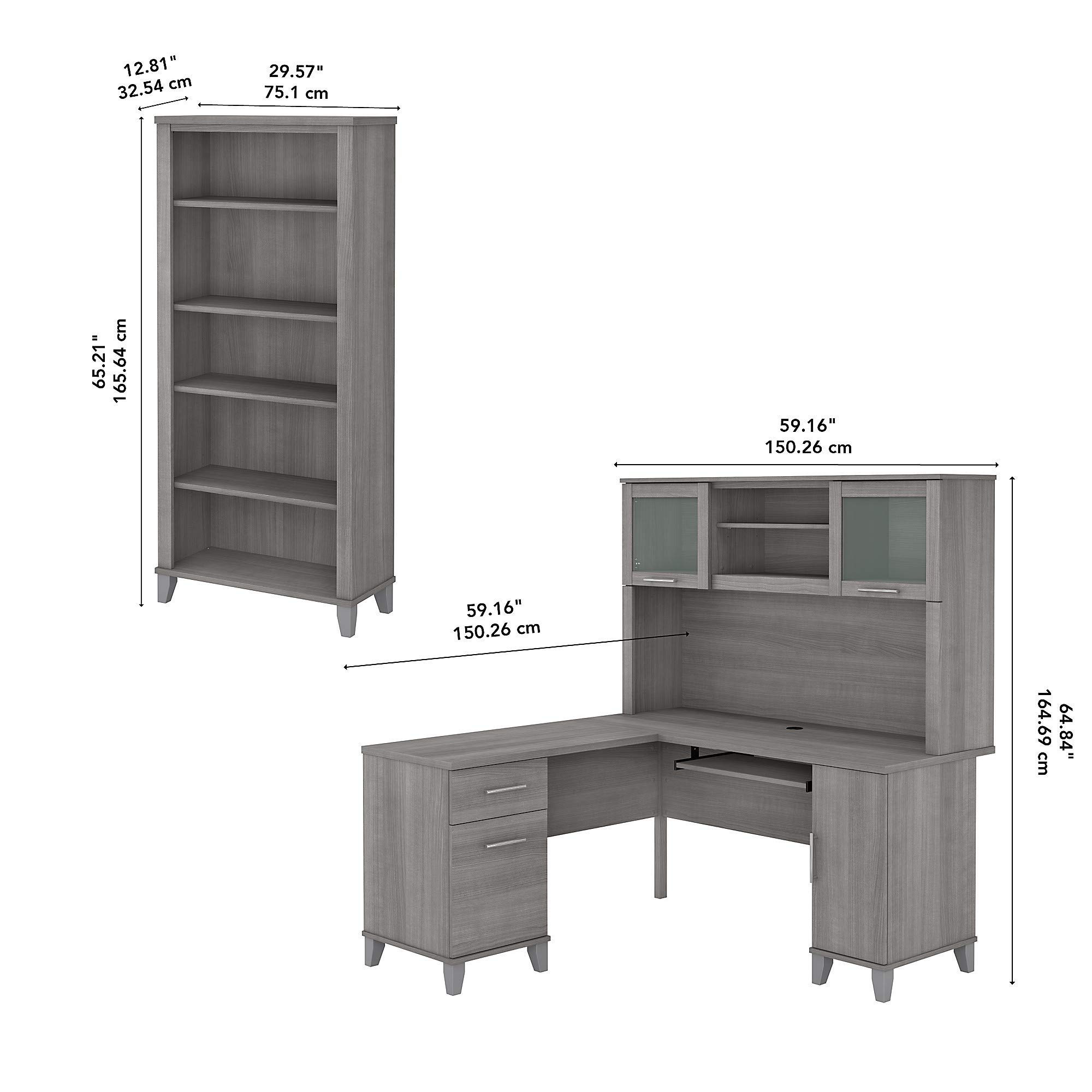 Bush Furniture Somerset 60W L Shaped Desk with Hutch and 5 Shelf Bookcase