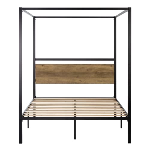 ikalido Queen Size Metal Canopy Bed Frame with Wooden Headboard, Classic Design Canopy Bed with 4 Sturdy Posters, Noise Free/No Box Spring Needed/Industrial Brown