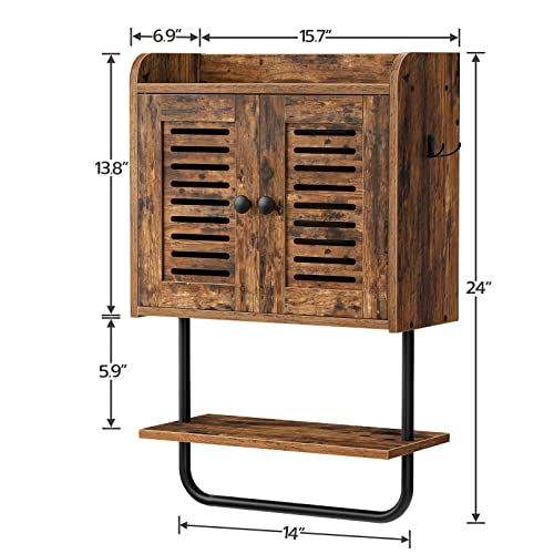 HOOBRO Medicine Cabinet, Double Doors Bathroom Wall Cabinet with Towel Bar, Adjustable Shelf, 2 Hooks, Over The Toilet Storage Cabinet, for Bedroom, Kitchen, Rustic Brown BF46CW01