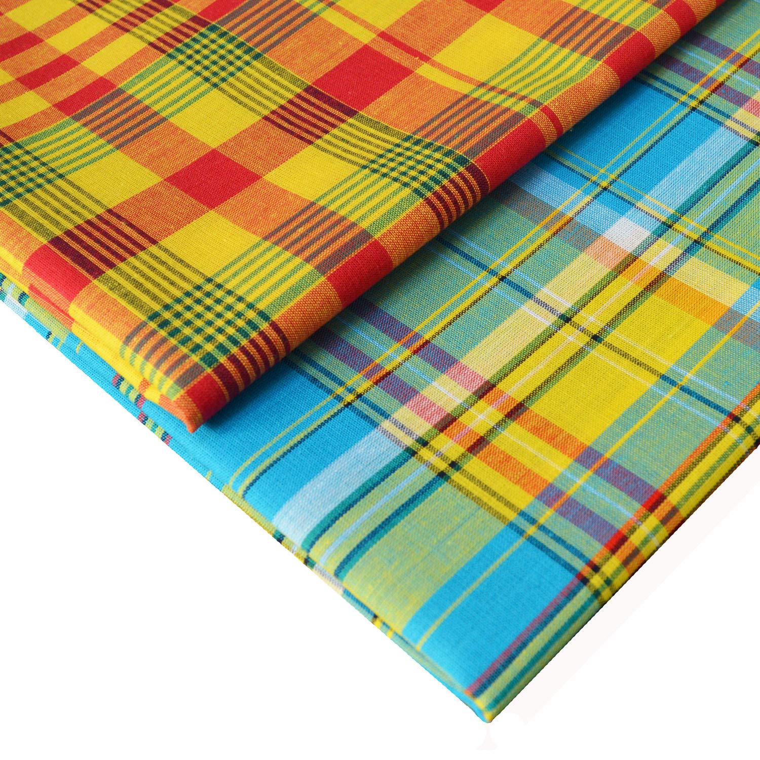 Genuine Madras Fabric 100% Cotton Oeko tex - 2 Colors to Choose - Sold by Piece - Choose The Size of Your Piece (Duo 20" x 63", Yellow/Turquoise)