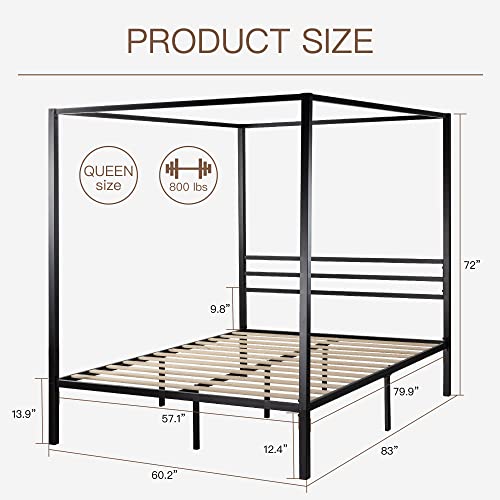ikalido Queen Size Metal Canopy Bed Frame, Modern Four-Poster Platform Bed Frame, Mattress Foundation with Wood Slat Support/Under-Bed Storage Space/No Box Spring Needed/Black
