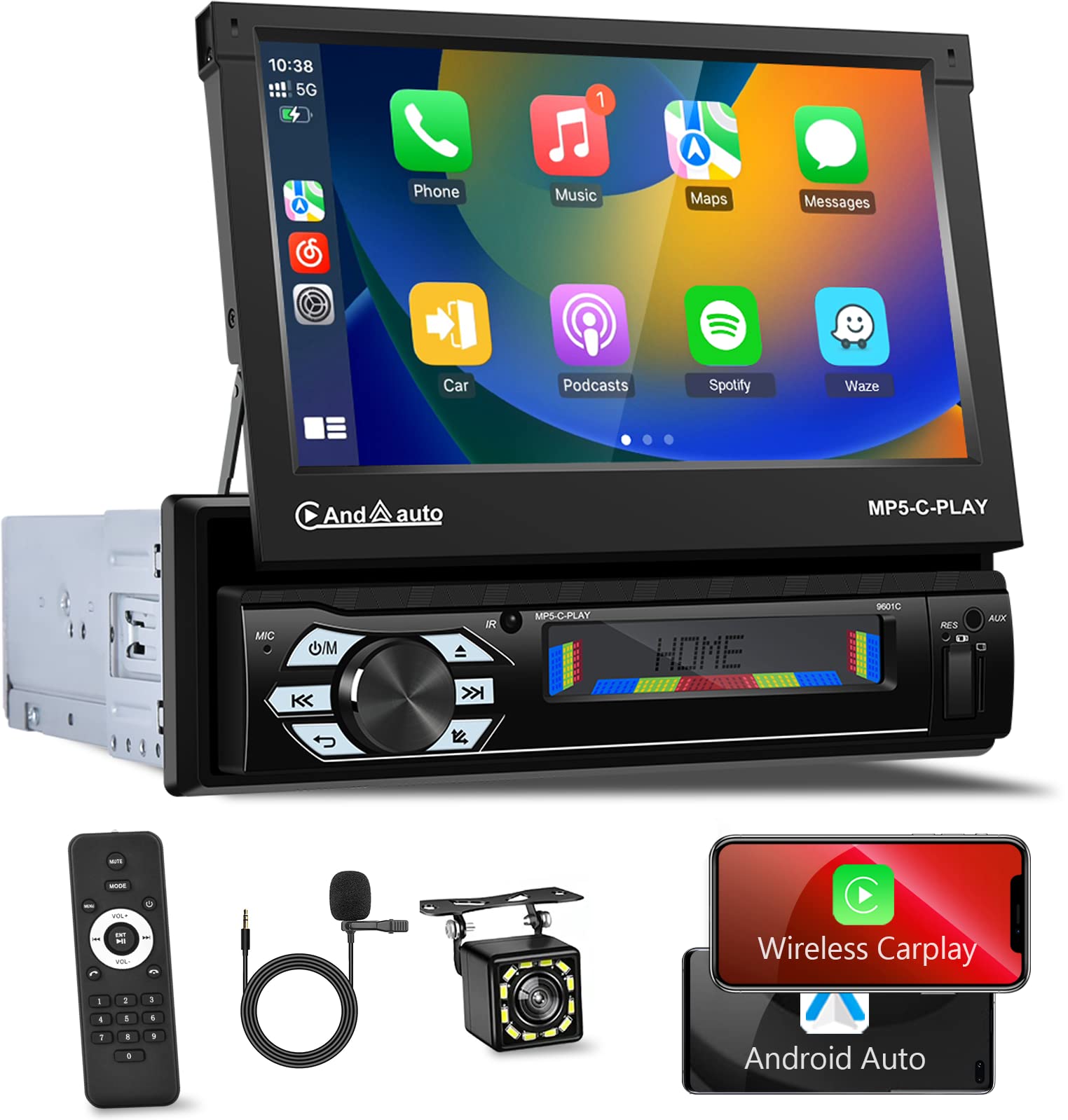Carplay Single Din Car Stereo Audio with Android Auto Backup Camera Bluetooth, 7 Inch Touchscreen Supports FM Radio, Mirror Link, USB/TF/AUX-in Car Play Radio with Remote, External Mic