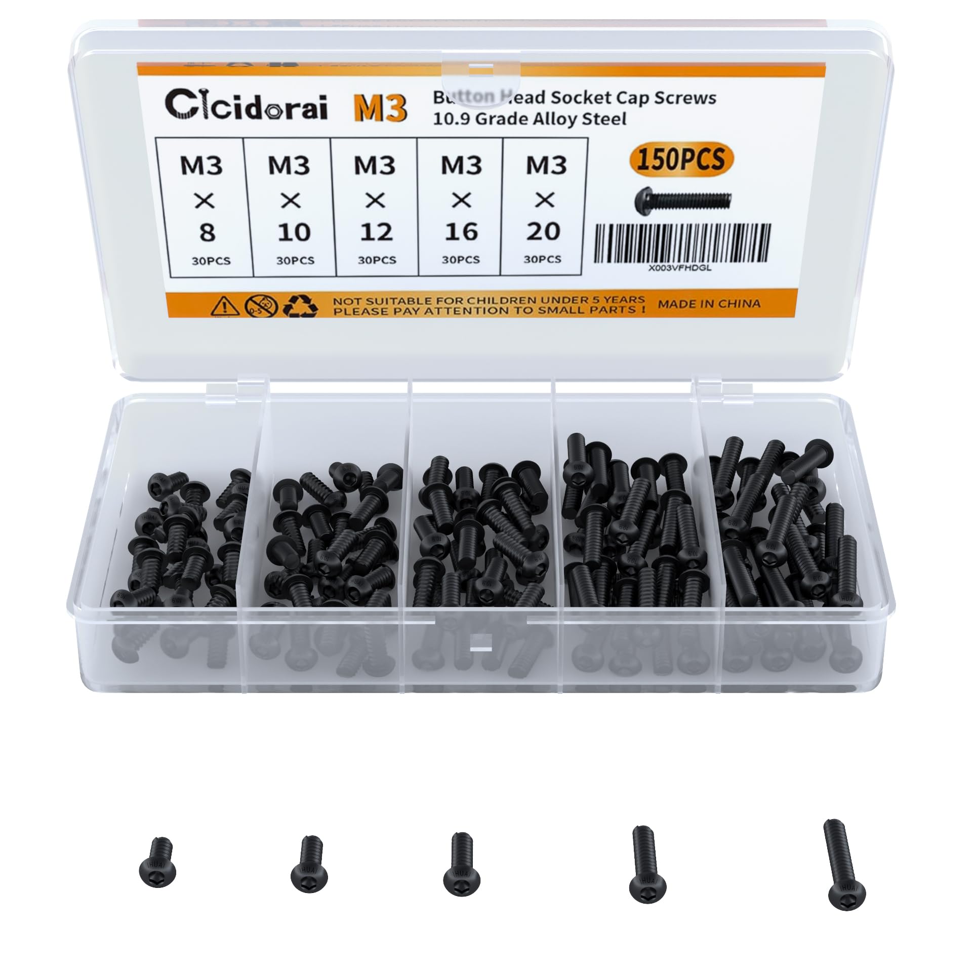 Cicidorai M4 x 8mm 10mm 12mm 16mm 20mm Button Head Socket Cap Screws Bolts, 10.9 Grade Alloy Steel, Metric Allen Hex Drive, Black Oxide Finish, Fully Threaded, Assortment Kit 100Pcs