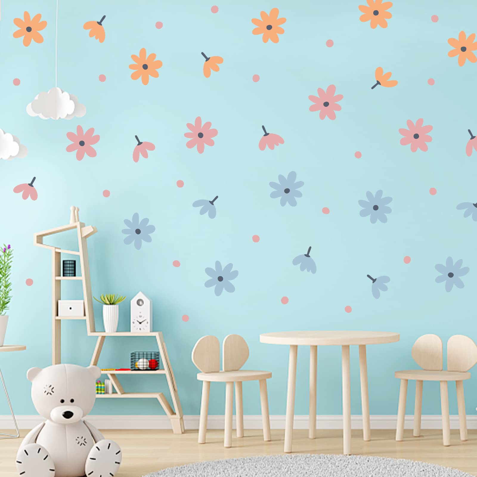 Daisy Wall Decals,Flower and Dots Retro Decor for Bedroom, Nursery, Kids’ Room(2)
