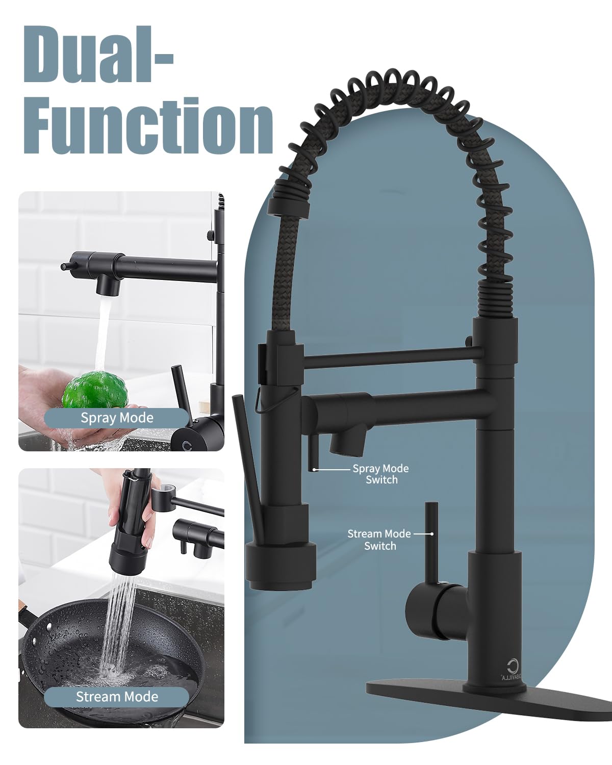 Casavilla Kitchen Faucet with Soap Dispenser, Single Handle Spring Kitchen Sink Faucets with Pull Down Sprayer and Deck Plate,Black Faucet for Camper Farmhouse RV Kitchen Sink,Dual Function Spray Head