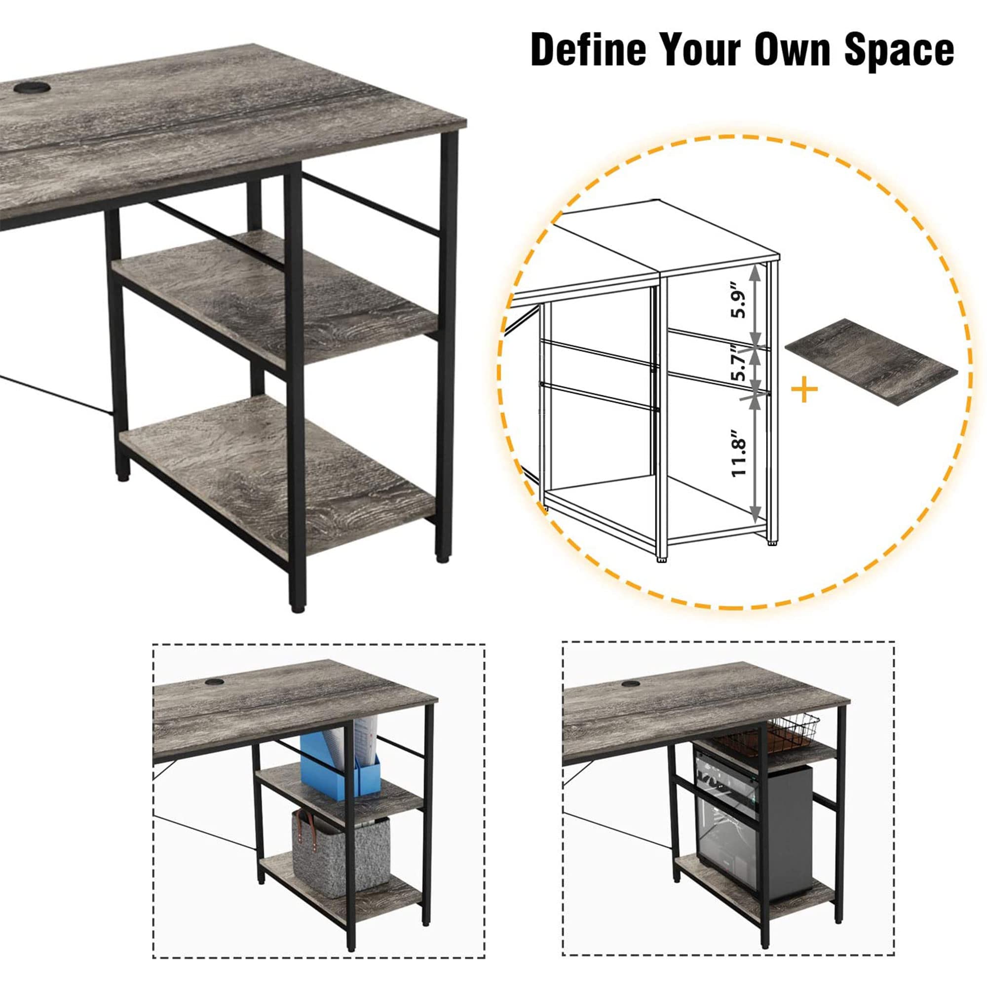 Bestier L Shaped Desk with Shelves,Reversible Corner Computer Desk or 2 Person Long Table for Home Office Large Gaming Writing Storage Workstation P2 Board with 3 Cable Holes, (Gray, 95 Inch)