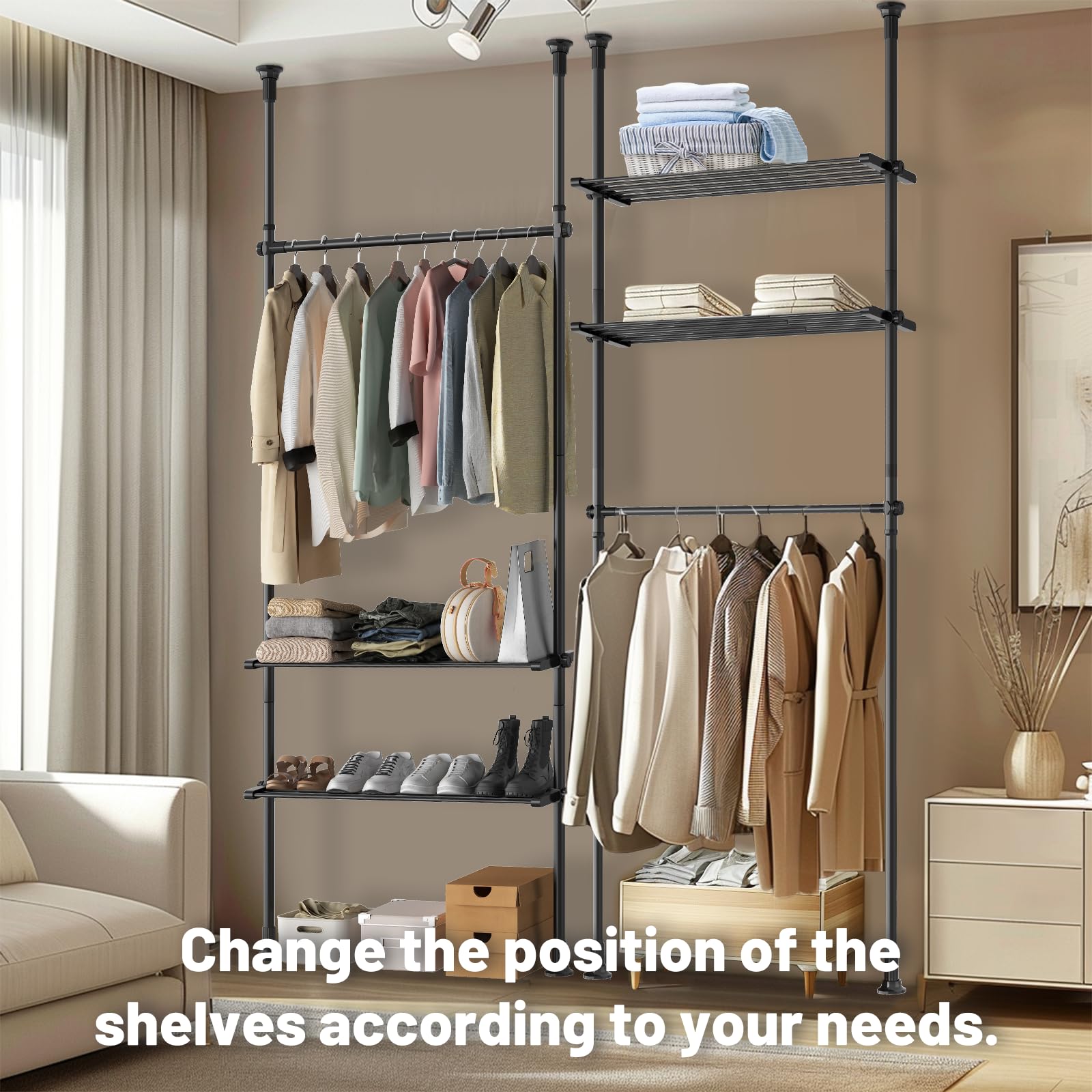 DYN Ptah Floor to Ceiling Adjustble Garment Rack, Heavy Duty Clothes Rack with 2 Shelves, Free Standing Clothing Hanger Tension Rod Cloth Storage Rack Black