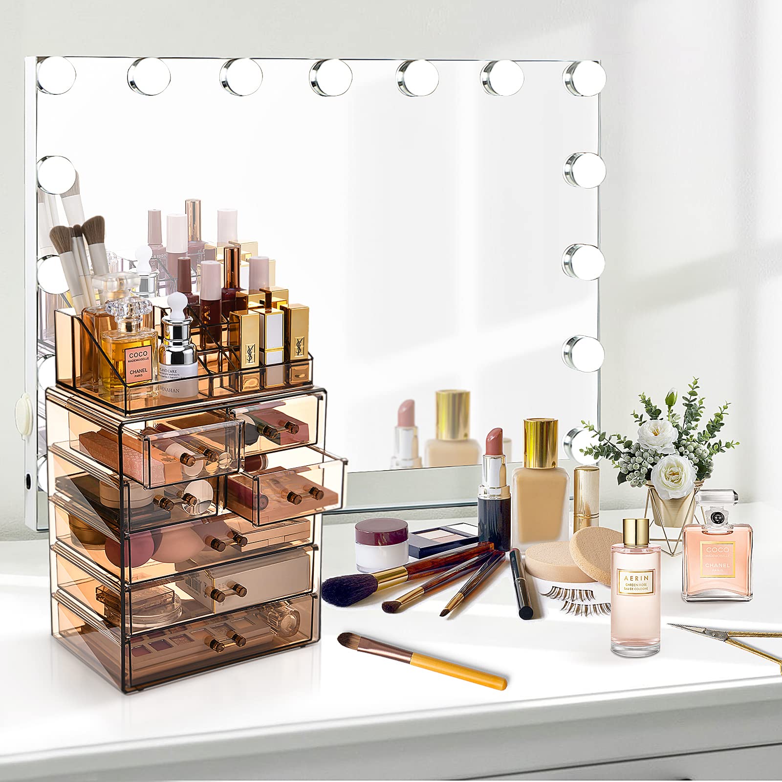 COMVTUPY Clear Makeup Organizer with Brush Holder, Large Acrylic Cosmetic Display Jewelry & Make Up Organizers and Storage for Vanity, Bathroom (3 Large, 4 Small Drawers, Brown)