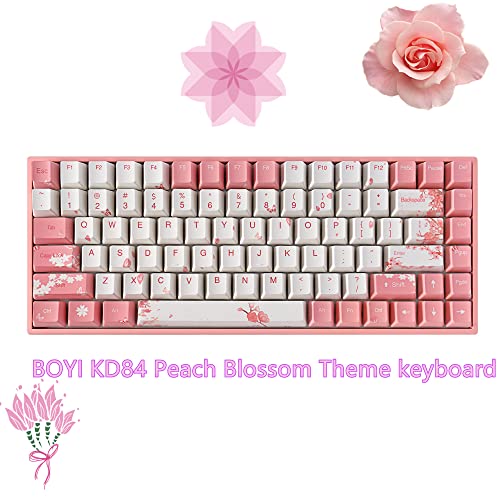 BOYI KD84 Hot Swappable 75% Compact Gateron Yellow Switch Keyboard, Bluetooth 5.0/Wireless 2.4G/Wired Type-C Tri-Mode N-Key Rollover RGB Mechanical Gaming Keyboard (Peach Blossom OEM Keycaps)