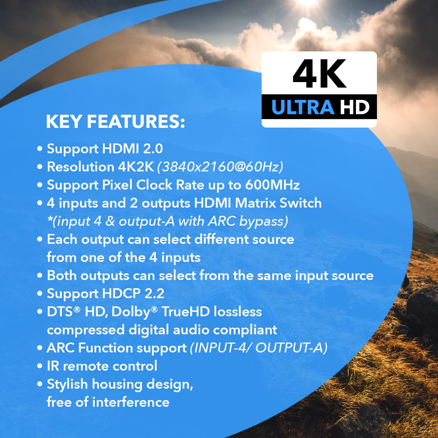 OREI 4K HDMI Matrix Switch 4 X 2, Switcher 18G UltraHD with Arc Supports upto 4K @ 60Hz & 1080P IR Remote Control - Full Matrix Selection (UHD-402)