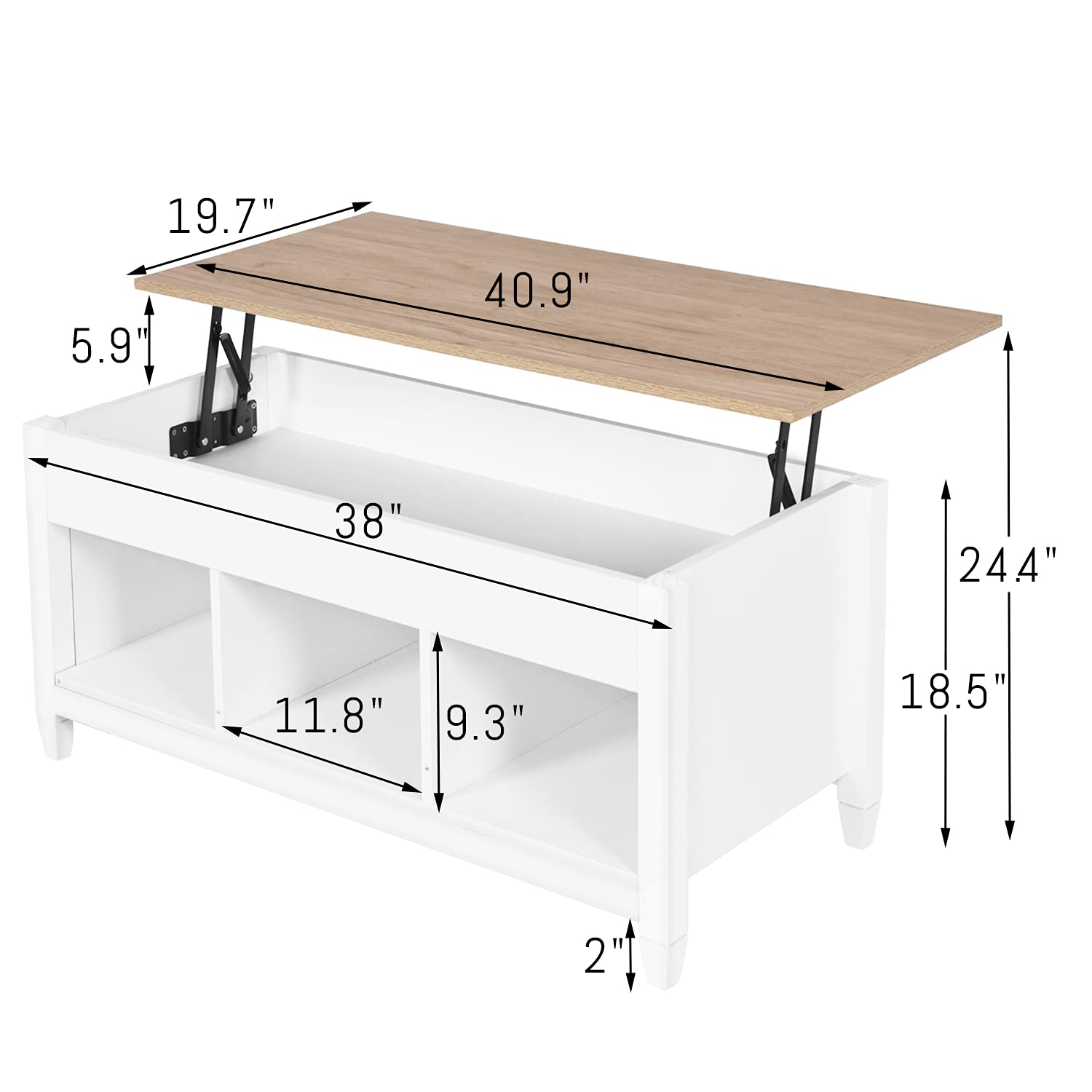 Catrimown Lift Top Coffee Table with Shelves, Modern Lift Tabletop Dining Table with Hidden Compartment and 3 Cube for Home Office Living Room Reception, Real Wood Legs, White.