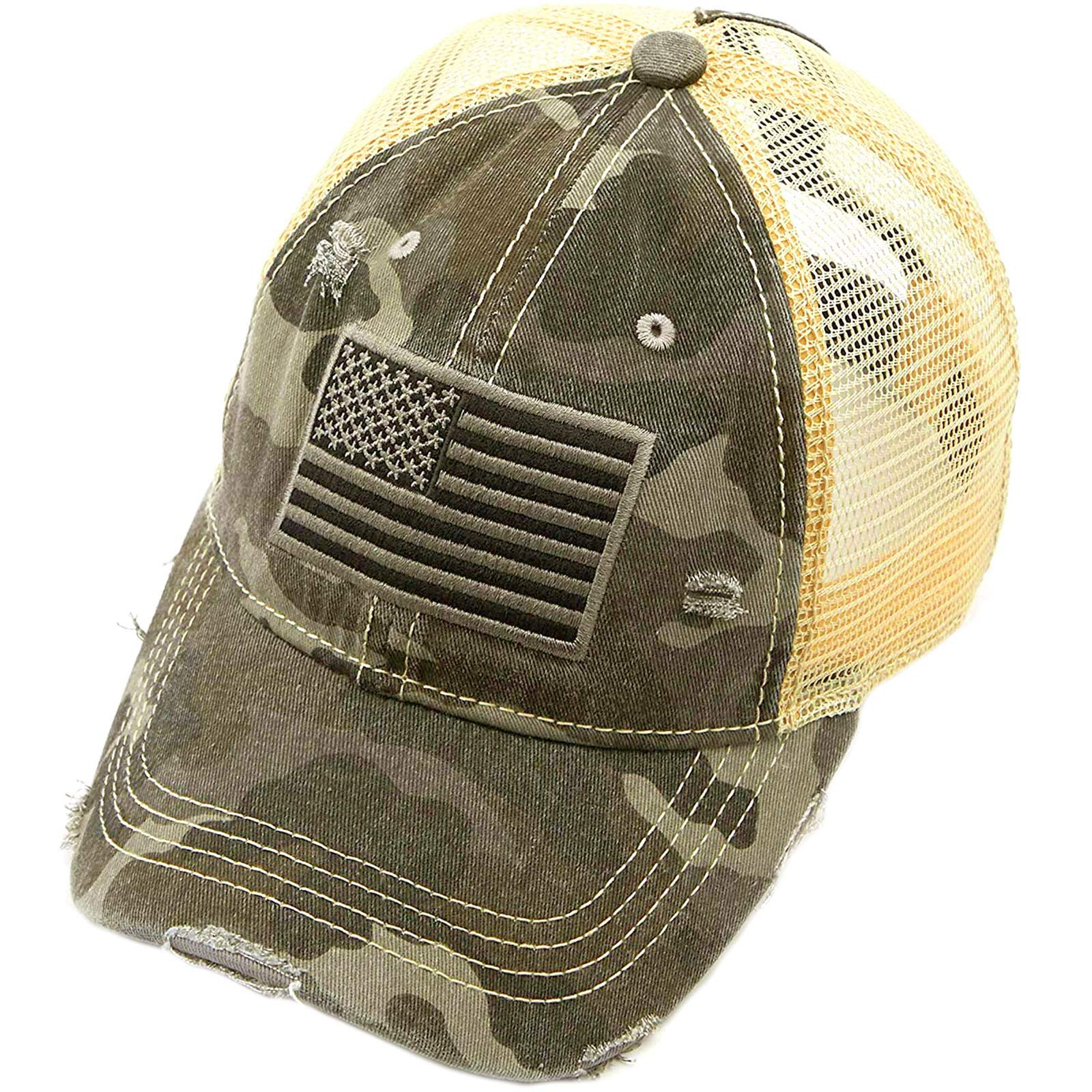 C.C Ponytail Messy Buns Trucker Ponycaps Plain Baseball Visor Cap Dad Hat (American Flag Camo Gray)