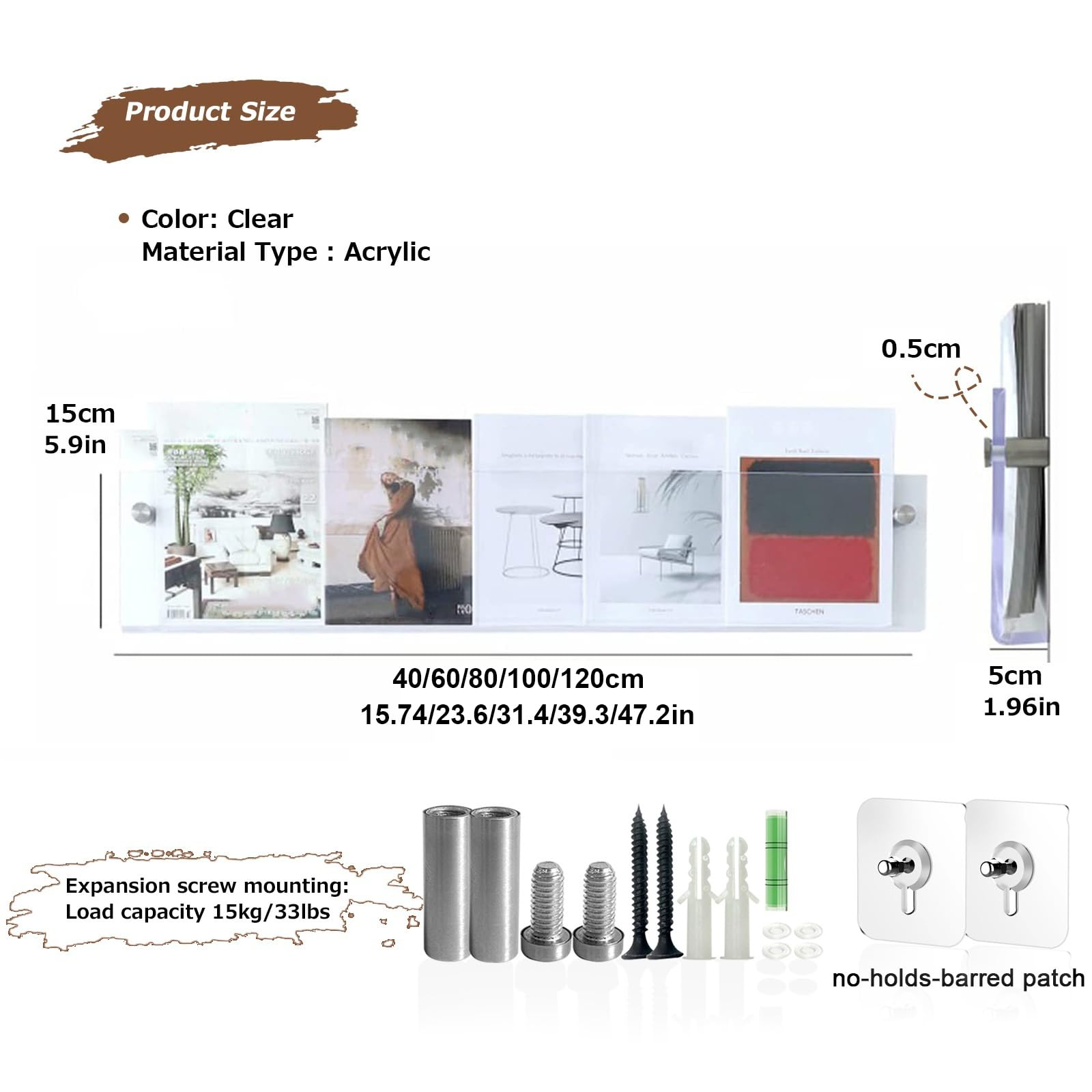 FPIGSHS 2 Pack- Acrylic Magazine Holder Wall Mounted, Clear Brochure Holder Magazine Rack, Record Holder, Hanging Bookshelf Literature Storage Shelf for Office,Church,Home Display (Size : 60cm)