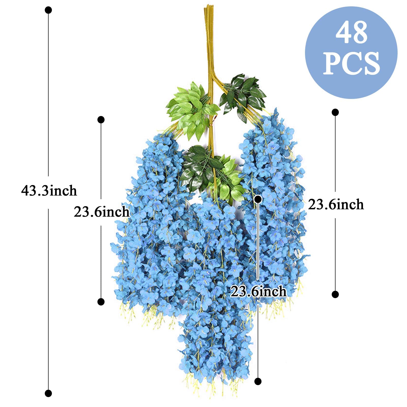 Ranslen 48 Pieces Artificial Wisteria Flower Hanging Silk Garland Vine Ratta Wedding Decor String Home Party Garden Outdoor Decoration Supplies (Blue, 48)