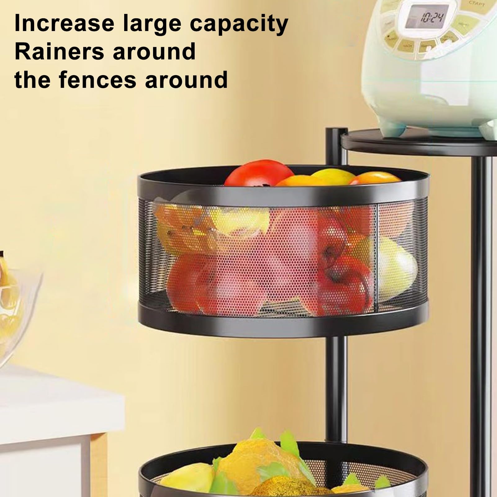 duwiikab Rotating Kitchen Storage Rack No Assembly, Fruit Basket for Kitchen, Metal Storage Tower Basket Shelves Organizer on Rolling Wheels with Removal Drawers for Fruit Vegetable 3 Layer