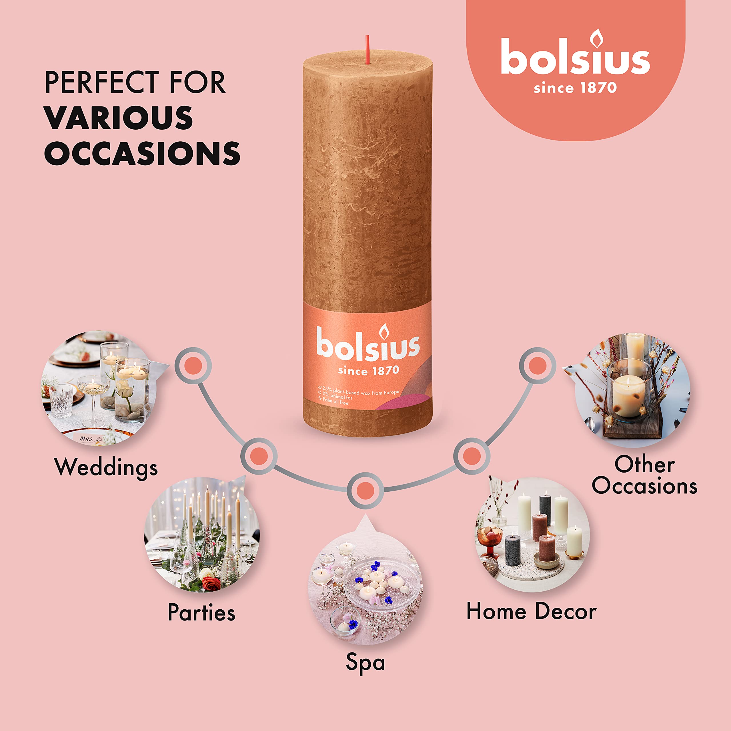 BOLSIUS 4 Pack Spice Brown Rustic Pillar Candles - 2.75 X 7.5 Inches - Premium European Quality - includes Natural Plant-Based Wax - Unscented Dripless Smokeless 85 Hour Party Décor Candles