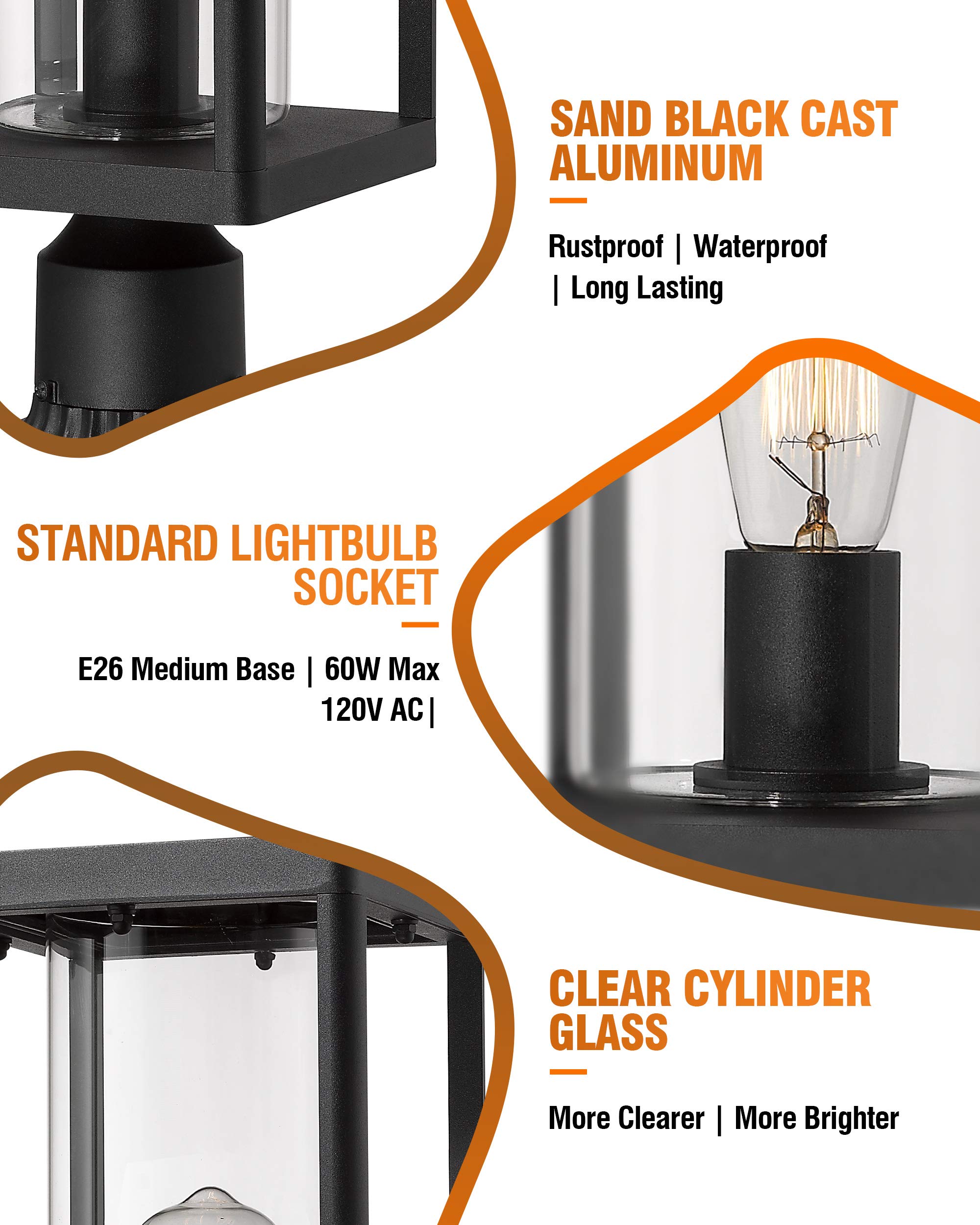 Beionxii Outdoor Post Lantern, 20inch Large Modern Lamp Post Light Fixture Exterior Pillar Lights with Pier Mount Base, Black Cast Aluminum w/Clear Cylinder Glass - A291P-2PK