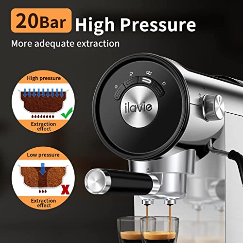ILAVIE Espresso Coffee Machine, 20 Bar Espresso Machine with Steamer, Compact Espresso Maker with Milk Frother for Home, Stainless Steel Cappuccino Machine for Cappuccino, Latte, 1250W