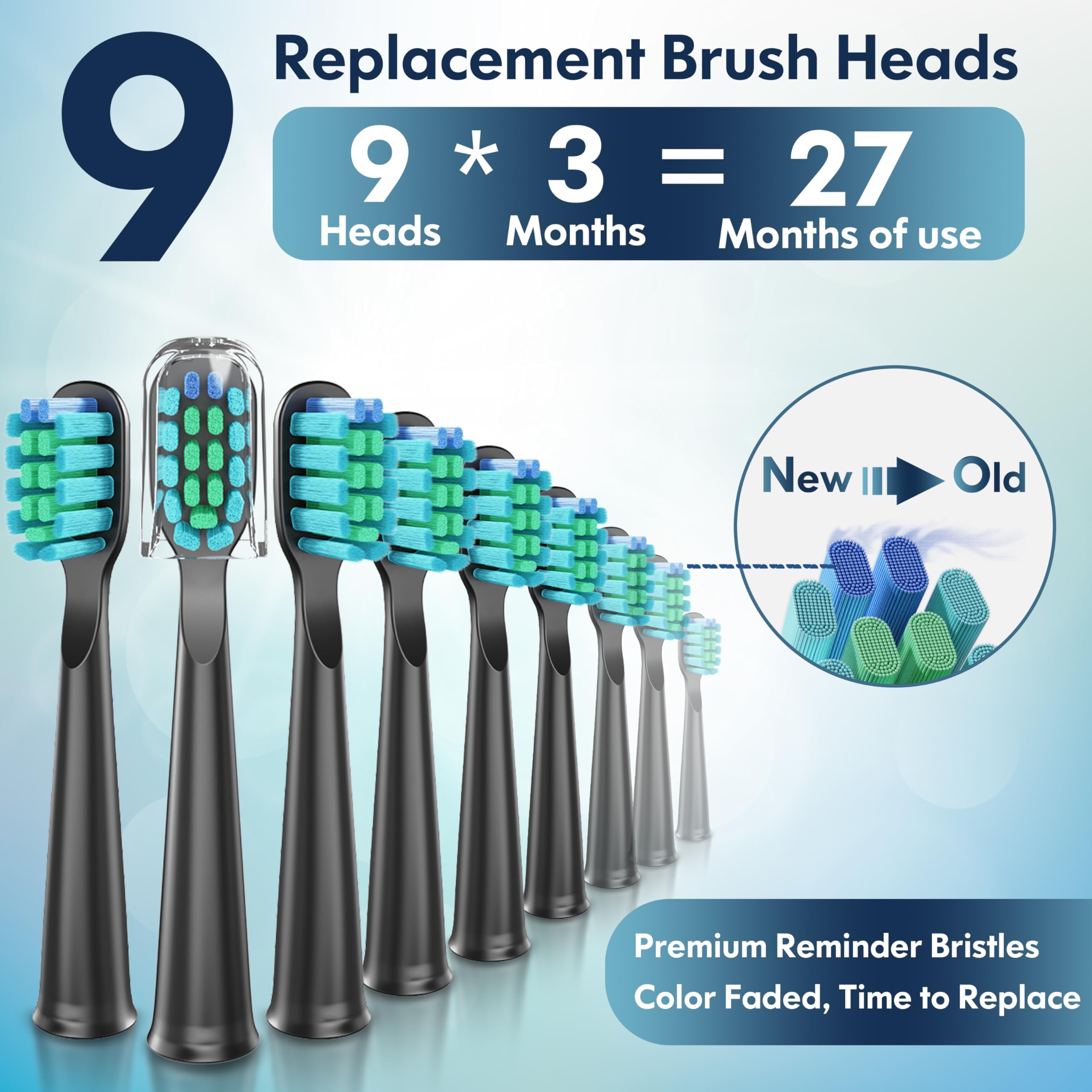 DADA-TECH Electric Toothbrush for Adults and Kids, Sonic Toothbrush Rechargeable with 9 Brush Heads, 5 Modes and 2 Minutes Smart Timer, 4Hours Charge for 60 Days, Roman Column Handle (Black)